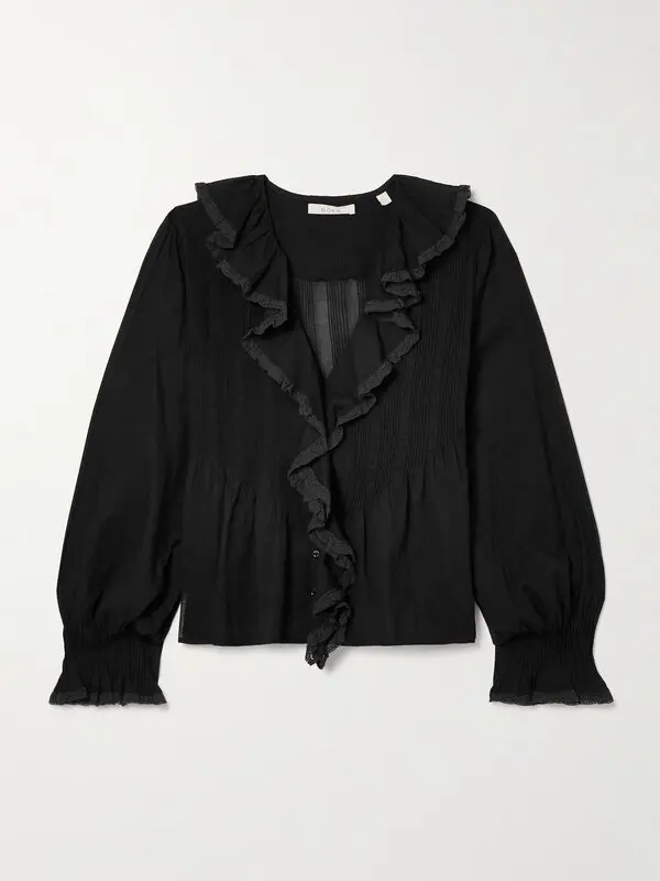 DÔEN Hardy Lace-trimmed Organic Cotton-voile Blouse - Black