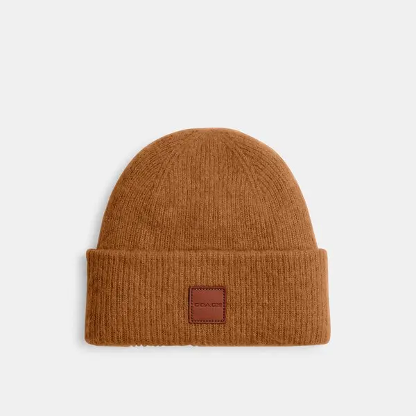 COACH Knit Beanie With Leather Patch - Honey Brown