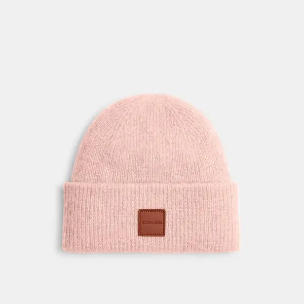 COACH Knit Beanie With Leather Patch - Peach