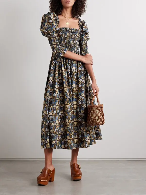 DÔEN Bijou Shirred Floral-print Midi Dress - Multi