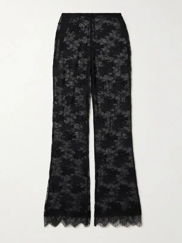 Oseree Scalloped Stretch-lace Straight-leg Pants - Black