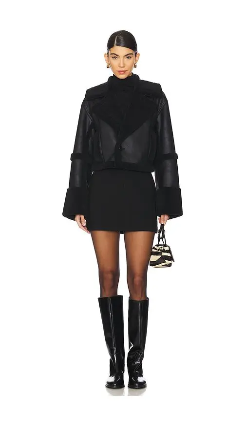 Tularosa Faux Leather Cropped Jacket With Faux Fur Trim - Black