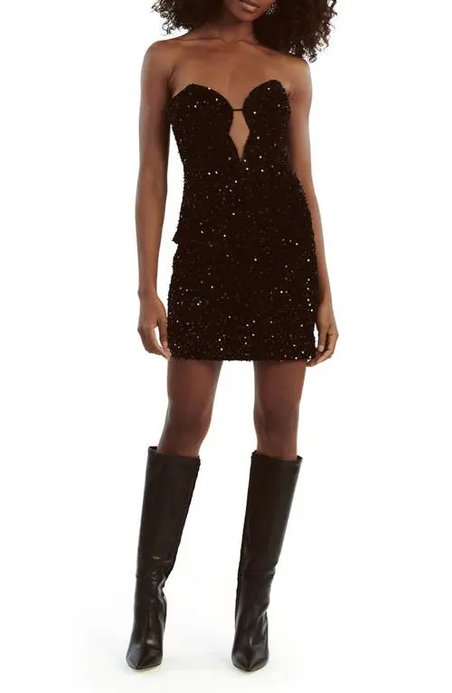 Bardot Eleni Sequin Plunge Neck Strapless Velvet Minidress - Black Sequin
