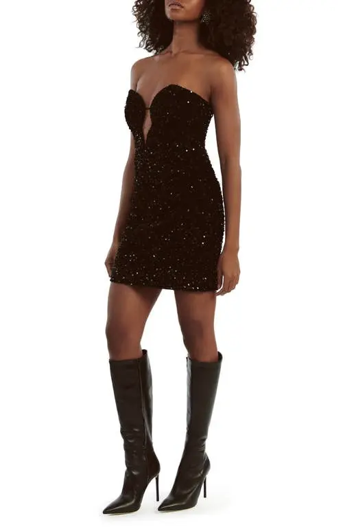 Bardot Eleni Sequin Plunge Neck Strapless Velvet Minidress - Black Sequin