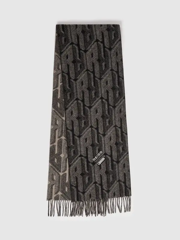 REISS Vincent Wool And Cashmere Jacquard Scarf - Black/grey