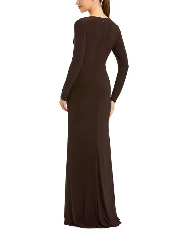 Mac Duggal Faux Wrap Long Sleeve Gown With Applique - Chocolate