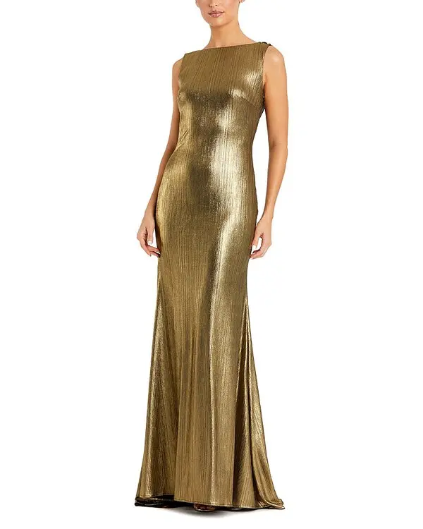Mac Duggal Metallic Cowl Back Column Gown - Gold