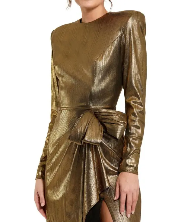 Mac Duggal Metallic Long Sleeve Gown With Bow - Antique Gold