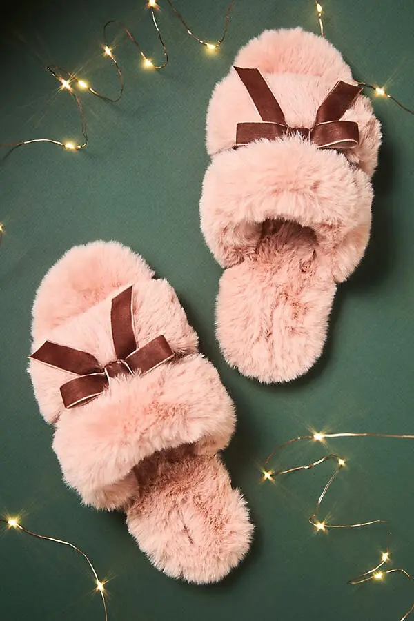 Maeve Faux-fur Open-toe Bow Slippers - Pink