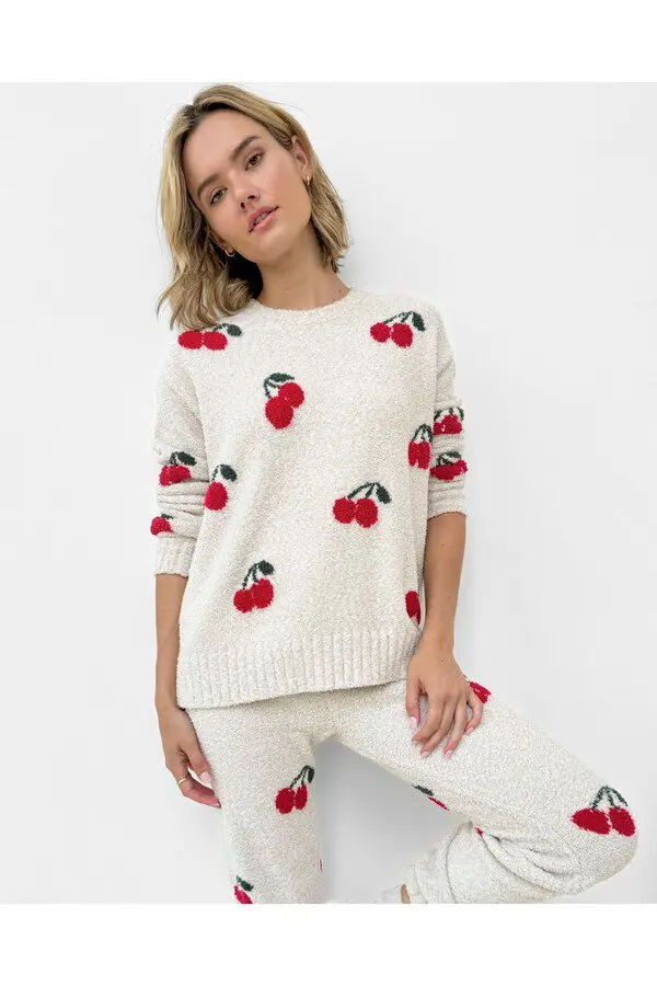 Splendid Cherries Fuzzy Sweater Pj Set - Black / Stripe / Red / White