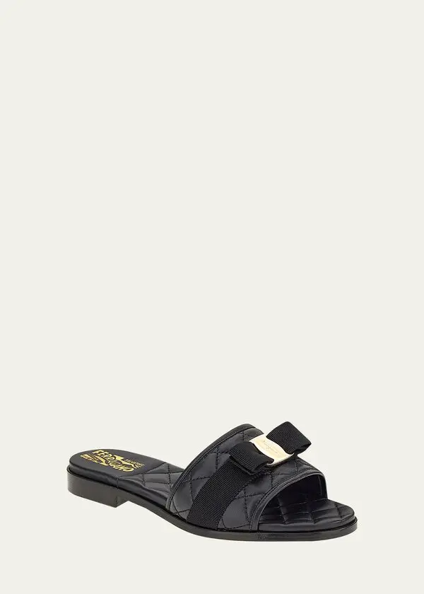 FERRAGAMO Quilted Lambskin Flat Sandals - Nero
