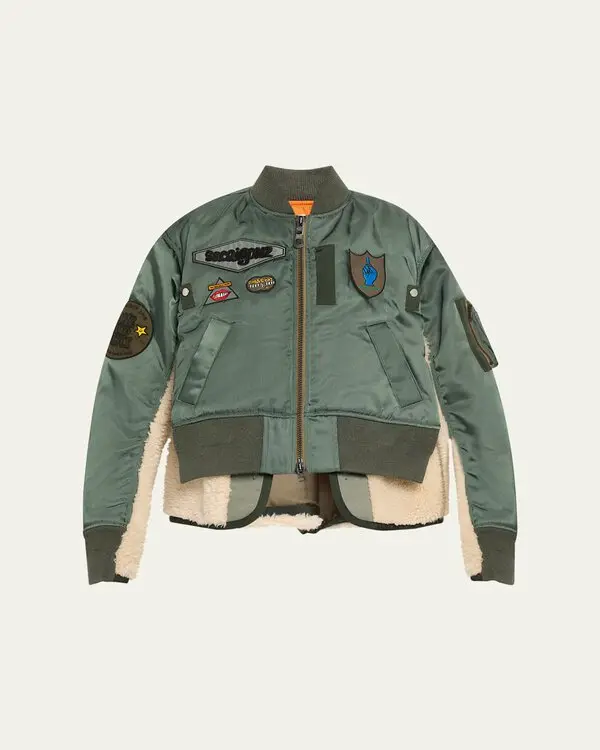Sacai Spiewak Patch Shearling Bomber Jacket - Bkhaki | Editorialist