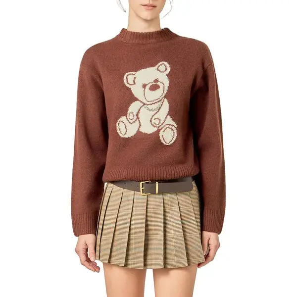 English Factory Teddy Bear Embellished Sweater - Brown/white