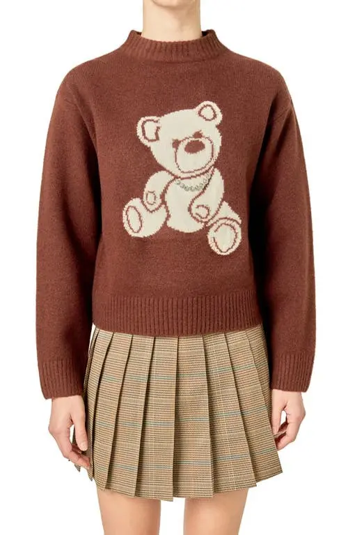 English Factory Teddy Bear Embellished Sweater - Brown/white