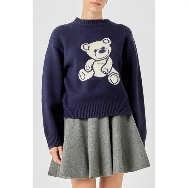 English Factory Teddy Bear Embellished Sweater - Navy/white