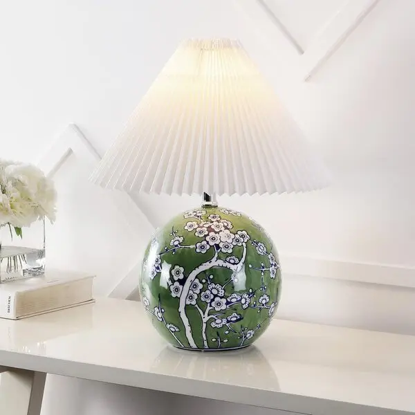 JONATHAN Y Shishen Cottage Classic Chinoiserie Ceramic Orb Led Table Lamp With Pleated Shade - Green/white