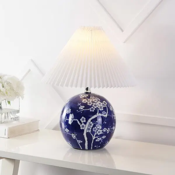 JONATHAN Y Shishen Cottage Classic Chinoiserie Ceramic Orb Led Table Lamp With Pleated Shade - Navy/white