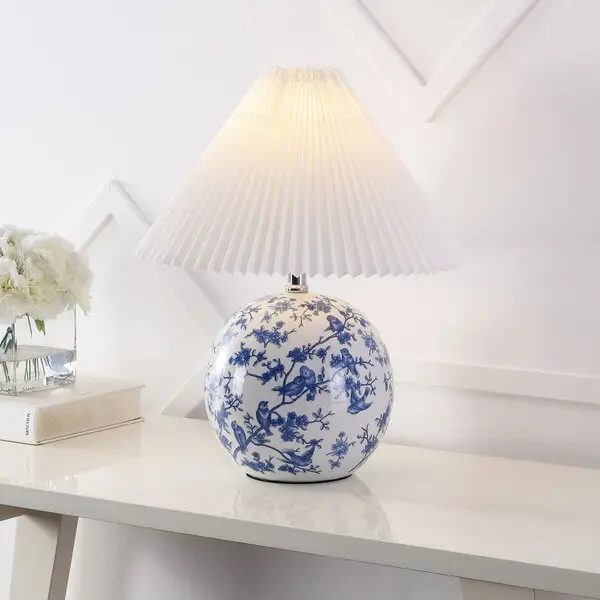 JONATHAN Y Shishen Cottage Classic Chinoiserie Ceramic Orb Led Table Lamp With Pleated Shade - White/blue