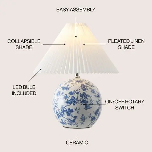 JONATHAN Y Shishen Cottage Classic Chinoiserie Ceramic Orb Led Table Lamp With Pleated Shade - White/blue