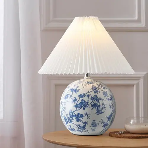 JONATHAN Y Shishen Cottage Classic Chinoiserie Ceramic Orb Led Table Lamp With Pleated Shade - White/blue