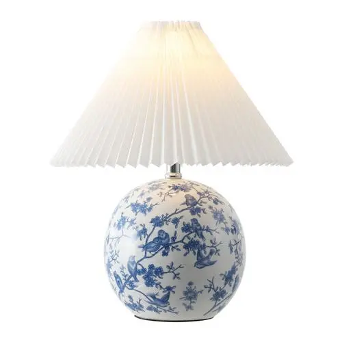 JONATHAN Y Shishen Cottage Classic Chinoiserie Ceramic Orb Led Table Lamp With Pleated Shade - White/blue