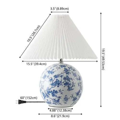 JONATHAN Y Shishen Cottage Classic Chinoiserie Ceramic Orb Led Table Lamp With Pleated Shade - White/blue