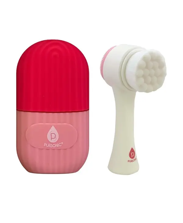 PURSONIC Ultimate Glow Duo: Ice Facial Roller & Dual-sided Cleansing Brush For Radiant Skin - Pink