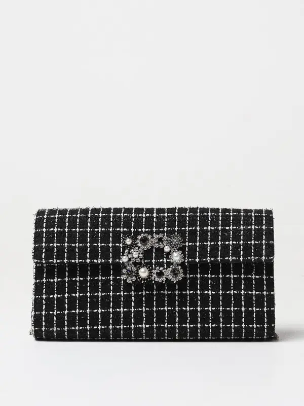 ROGER VIVIER Embellished Tweed Clutch With Metal Chain - Black