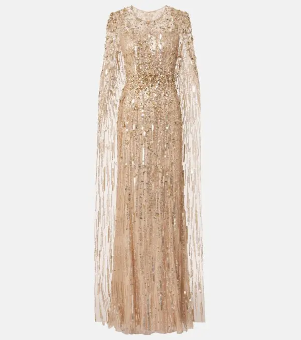 Jenny Packham Ruby Sequined Caped Gown