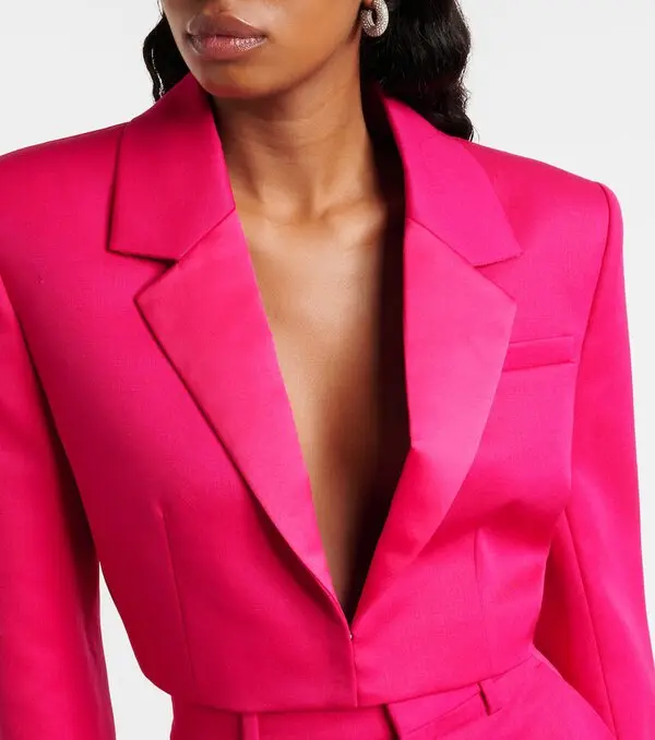 AREA Floral-applique Cropped Wool Blazer