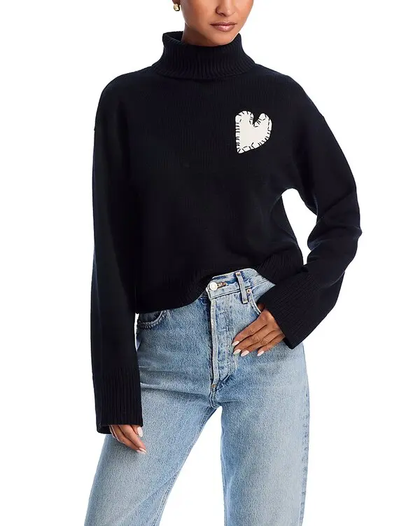 Aqua Cropped Turtleneck Sweater With Heart Patch