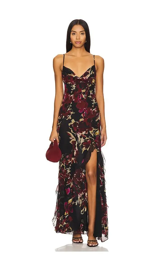 NICHOLAS Kamila Ruffle Cowl Gown - Water Color Floral Black