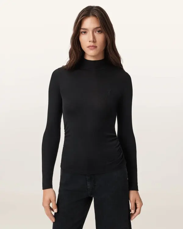 ALLSAINTS Rina Long Sleeve Roll Neck T-shirt With Ramskull Embroidery