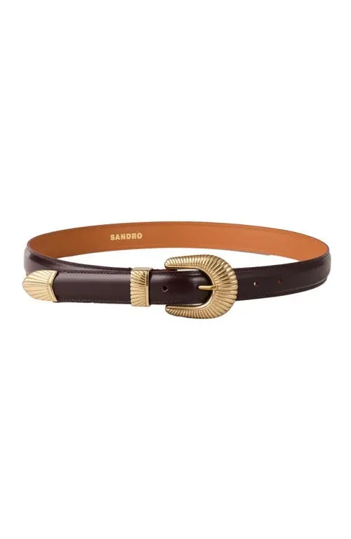 Sandro Leather Belt With Gold-tone Buckle - Bordeaux