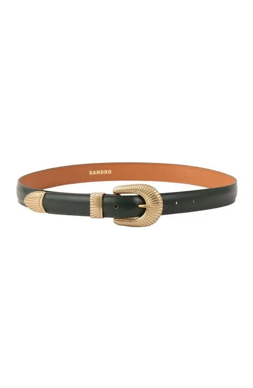 Sandro Leather Belt With Gold-tone Buckle - Bottle Green