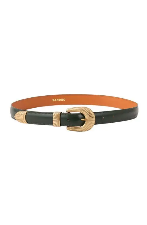 Sandro Leather Belt With Gold-tone Buckle - Bottle Green