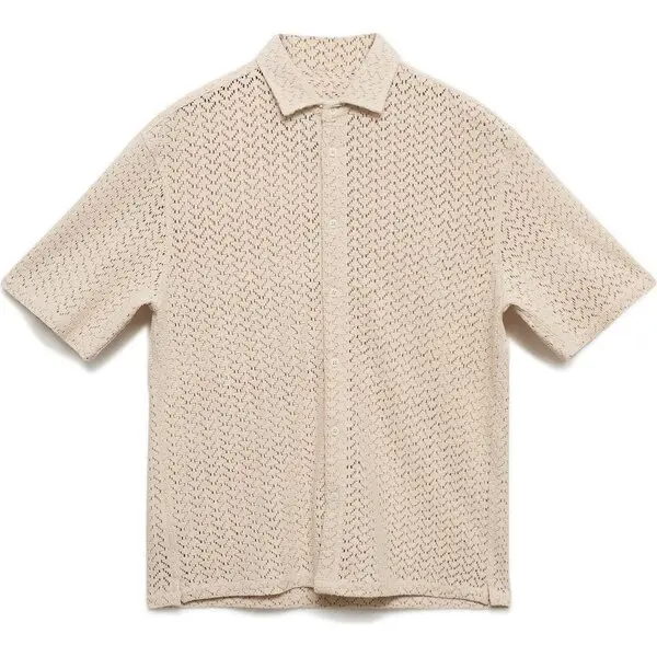 Mango Openwork Knit Short Sleeve Button-up Shirt - Sand
