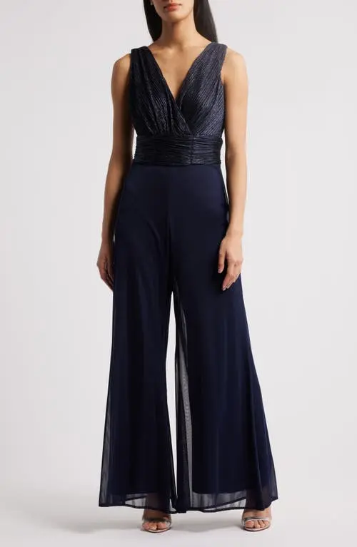 CONNECTED APPAREL Metallic Plissé Mixed Media Wide Leg Jumpsuit - Navy