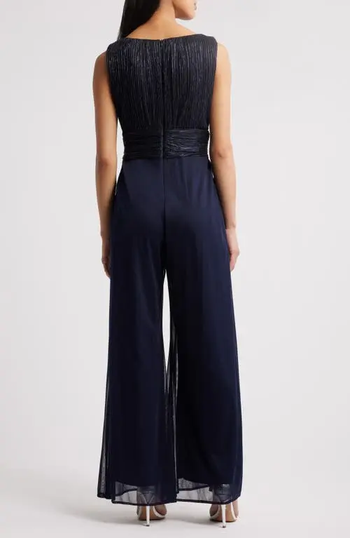 CONNECTED APPAREL Metallic Plissé Mixed Media Wide Leg Jumpsuit