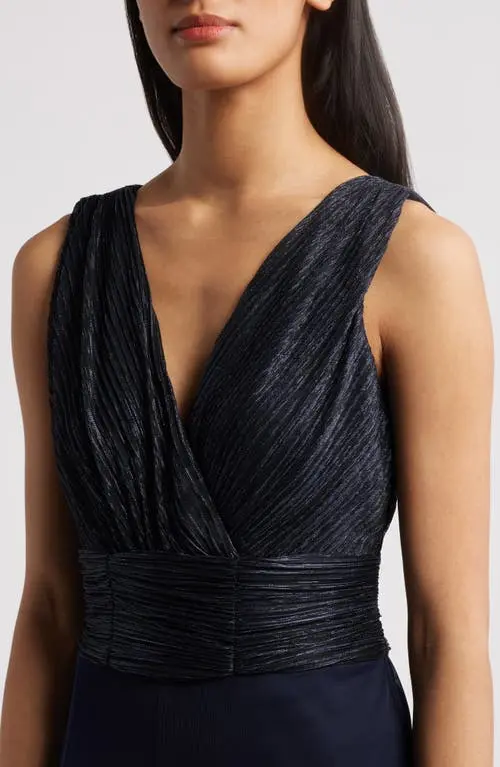 CONNECTED APPAREL Metallic Plissé Mixed Media Wide Leg Jumpsuit