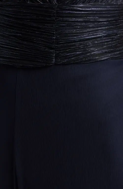 CONNECTED APPAREL Metallic Plissé Mixed Media Wide Leg Jumpsuit