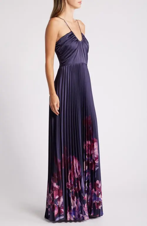 Julia Jordan Placed Floral Pleated Satin Dress In Purple Multi - 72% Off |  Editorialist