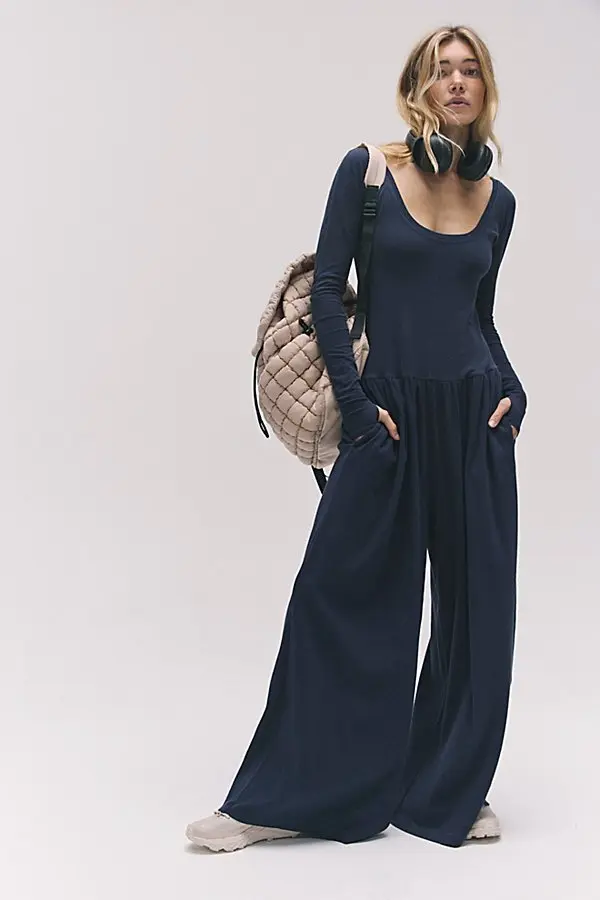 Free People Hot Shot Wide Leg Onesie - Midnight Navy