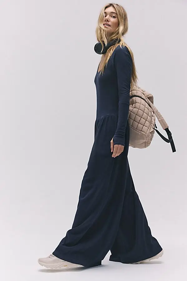 Free People Hot Shot Wide Leg Onesie - Midnight Navy