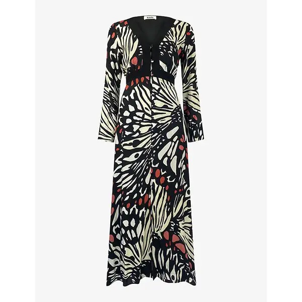 RO&ZO Butterfly-print V-neck Maxi Dress