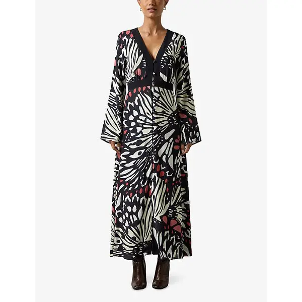 RO&ZO Butterfly-print V-neck Maxi Dress