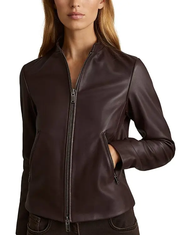 REISS Allie Leather Moto Jacket - Berry