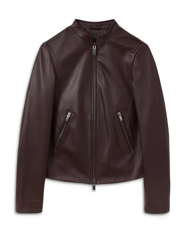 REISS Allie Leather Moto Jacket - Berry