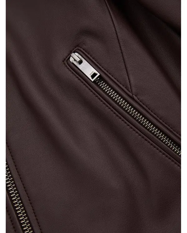 REISS Allie Leather Moto Jacket - Berry