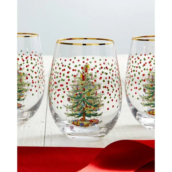 SPODE Christmas Tree Polka Dot Stemless Wine Glass, Set Of 4
